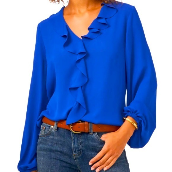 Gianni Bini | Tops | Gianni Bini Blue Long Sleeve Top With Ruffle Neck ...